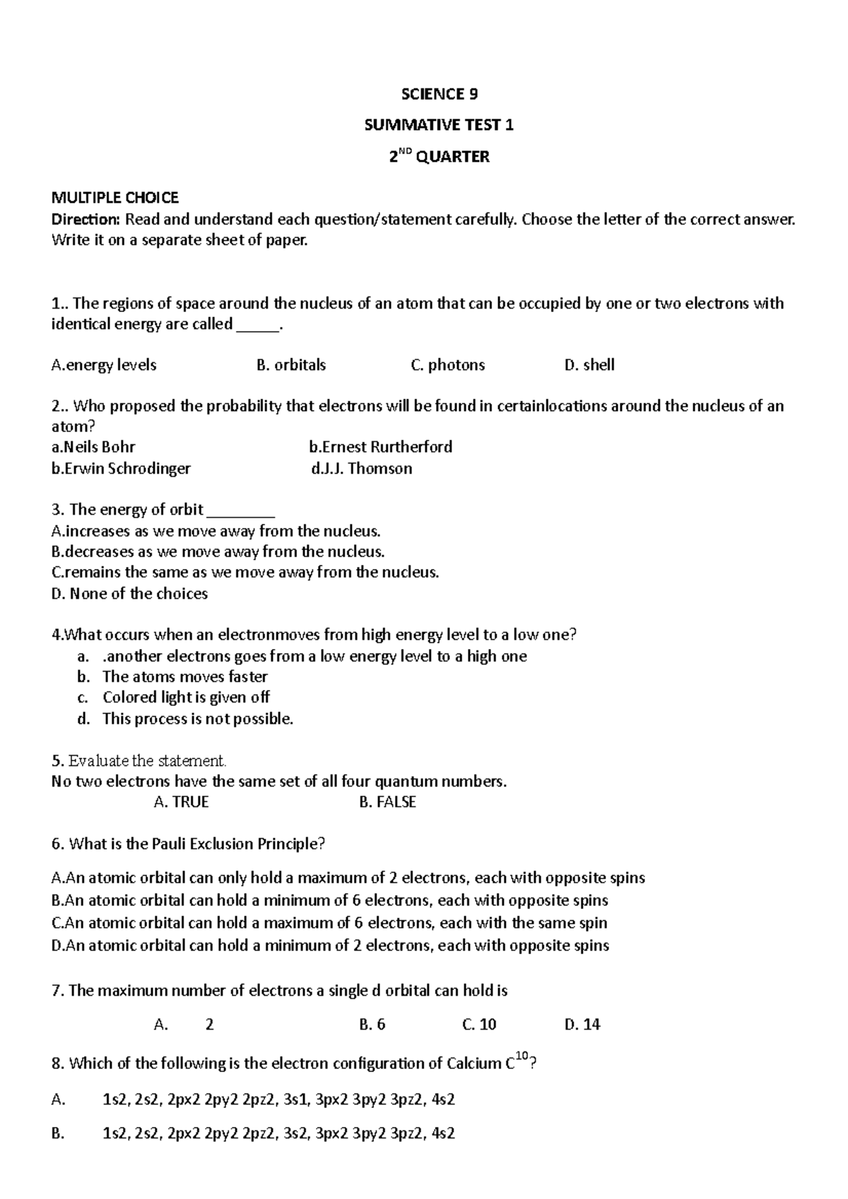 ST 1 - science topics - SCIENCE 9 SUMMATIVE TEST 1 2 ND QUARTER ...