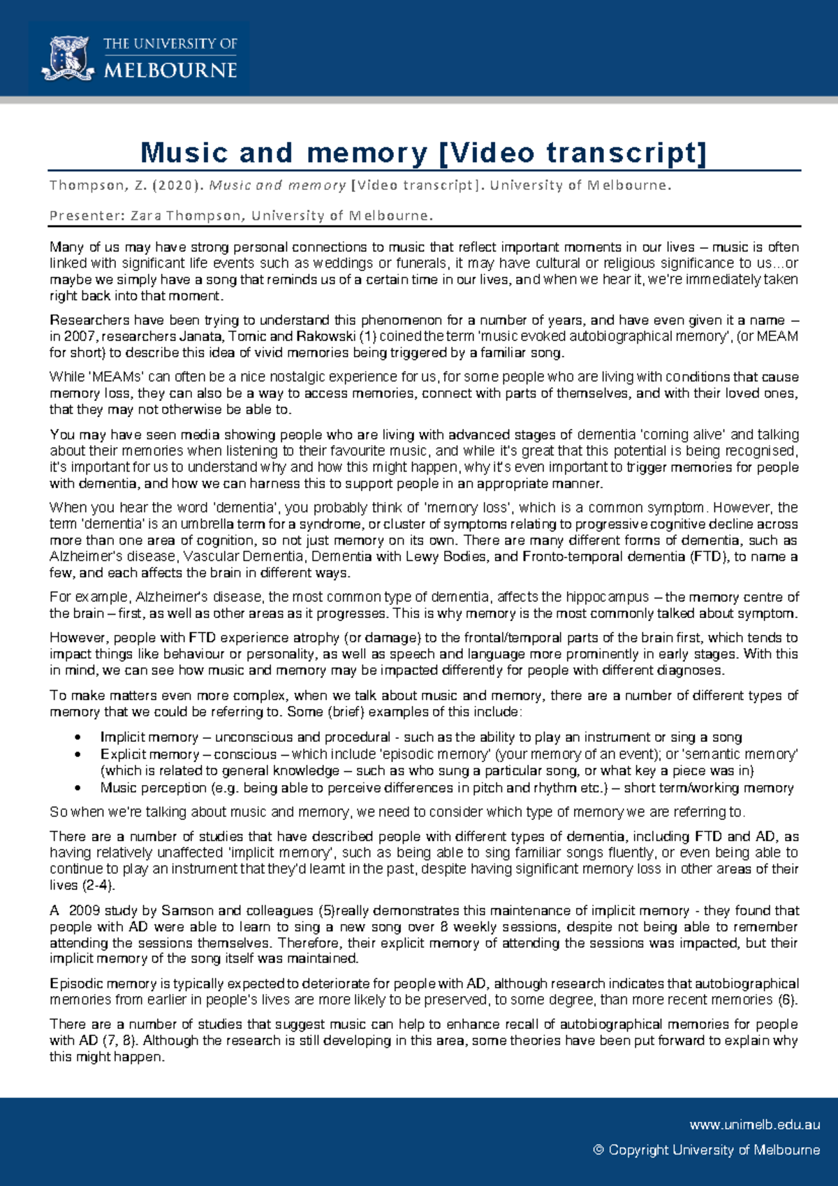 MUSI2014 9 Music and memory - Video transcript - unimelb.edu ...