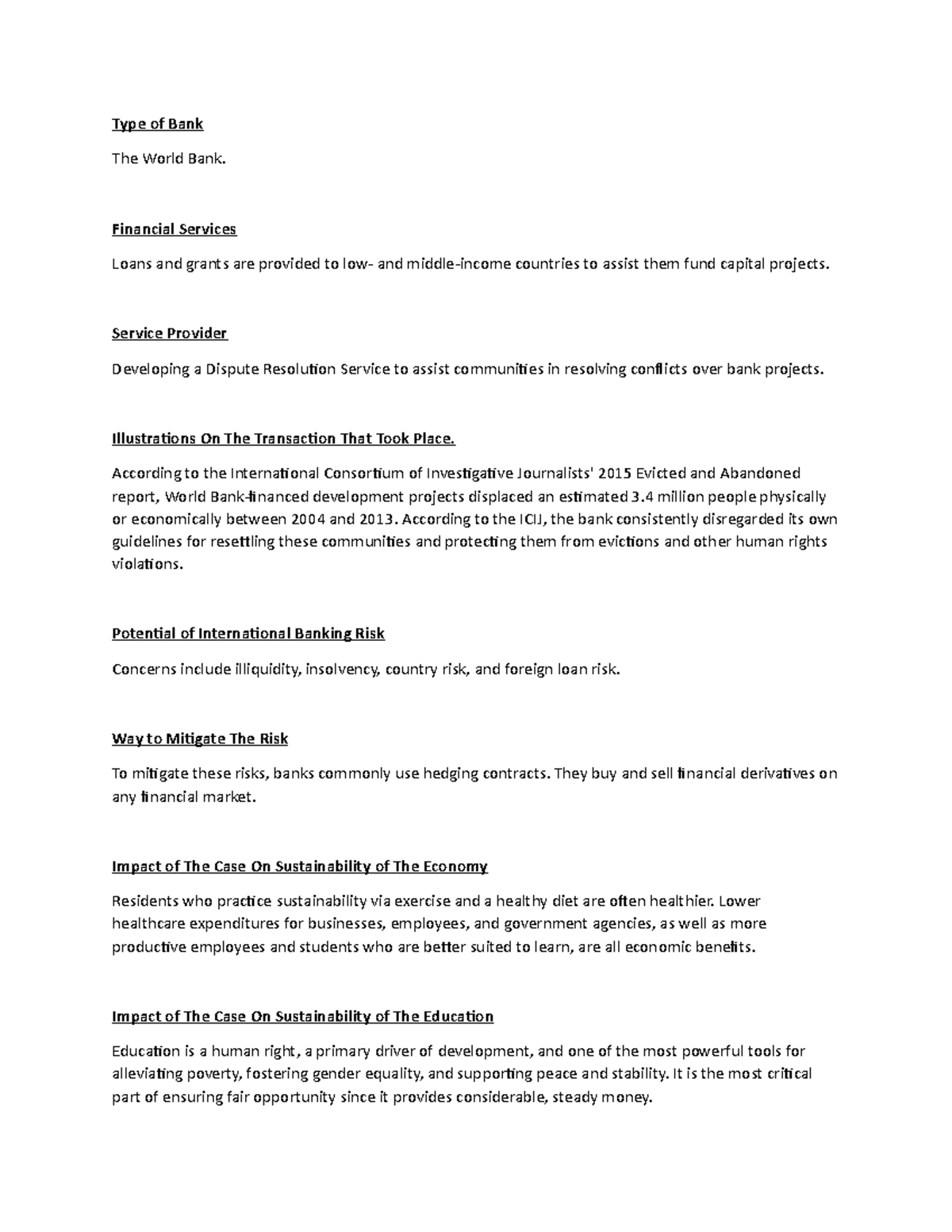 I - summaries of course - Type of Bank The World Bank. Financial ...