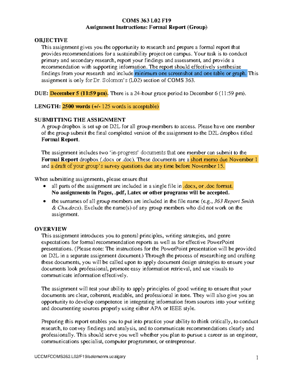 Coms 363 L02 F19 Assignment Instructions For Formal Report Warning Tt Undefined Function 32