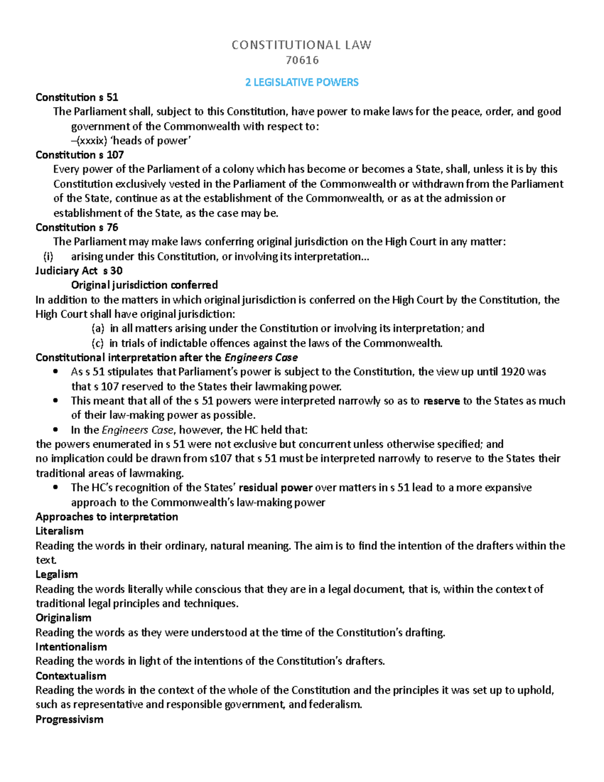 Constitutional Notes - CONSTITUTIONAL LAW 70616 2 LEGISLATIVE POWERS ...