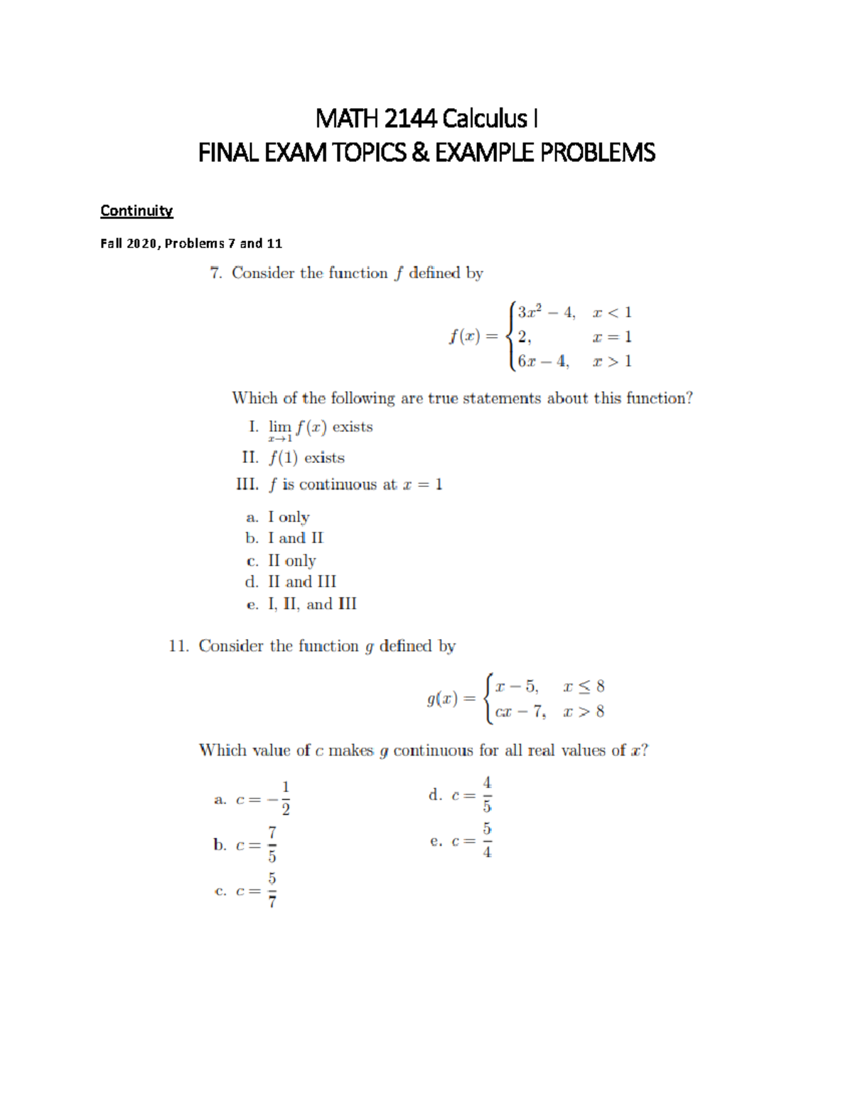 Calc1finalpractice - practice test - MATH 2144 Calculus I FINAL EXAM ...