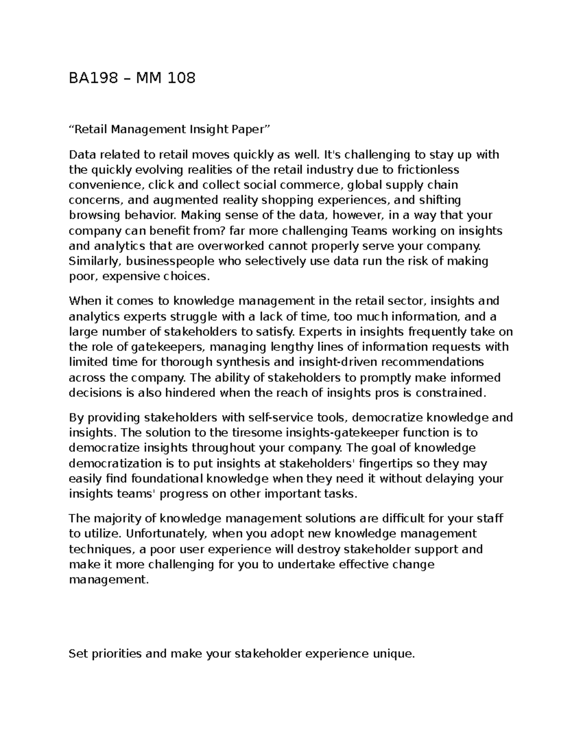 BA1981 - Retail Management Insight Paper - BA198 – MM 108 “Retail ...