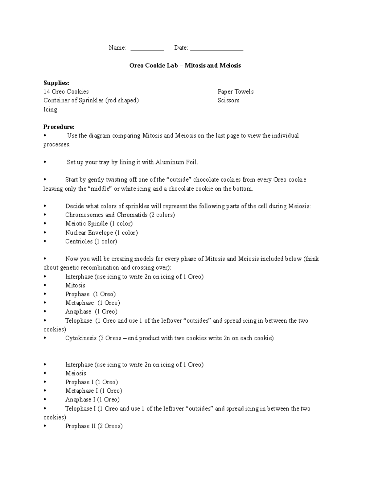 Oreo Cookie Lab – Mitosis and Meiosis - Name: __________ Date ...