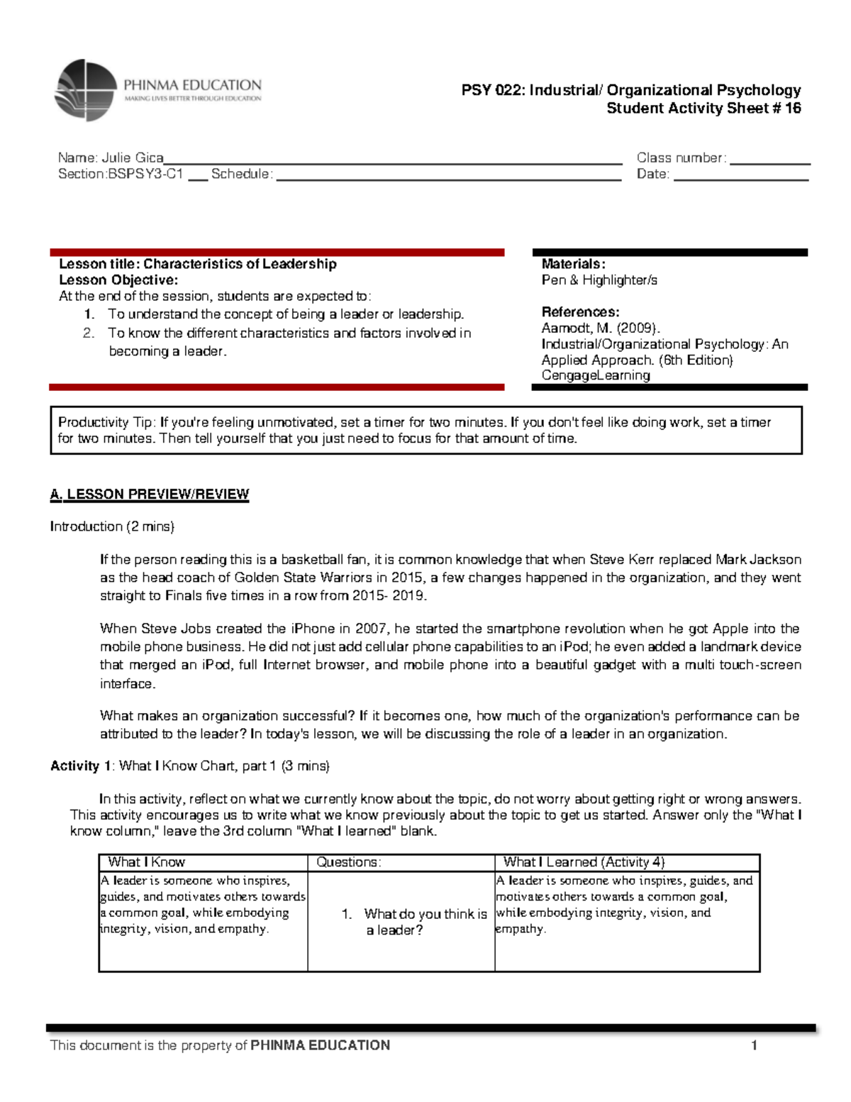 SAS-16 - Sas - Student Activity Sheet # 16 Productivity Tip: If you're ...