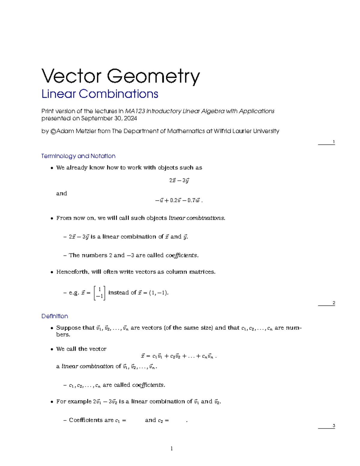 MA123 Linear Combinations Notes - Vector Geometry Linear Combinations ...
