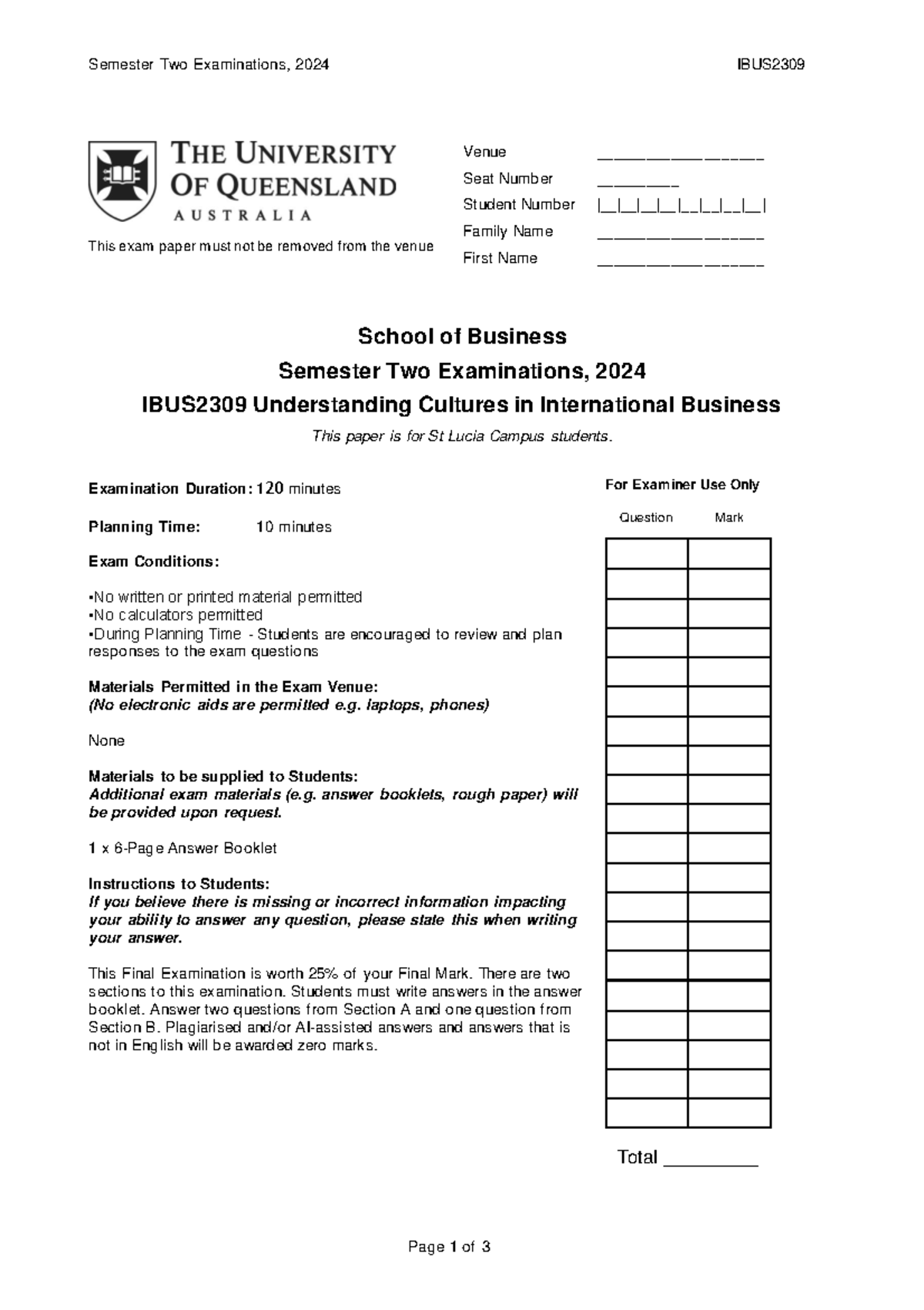 IBUS2309 Final EXAM 2024 Instructions only - Semester Two Examinations ...