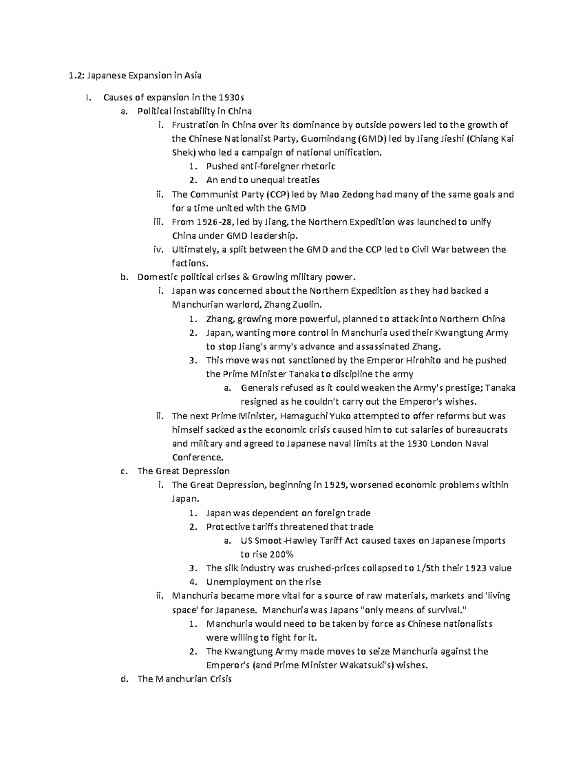 history of the notes - 1: Japanese Expansion in Asia I. Causes of ...