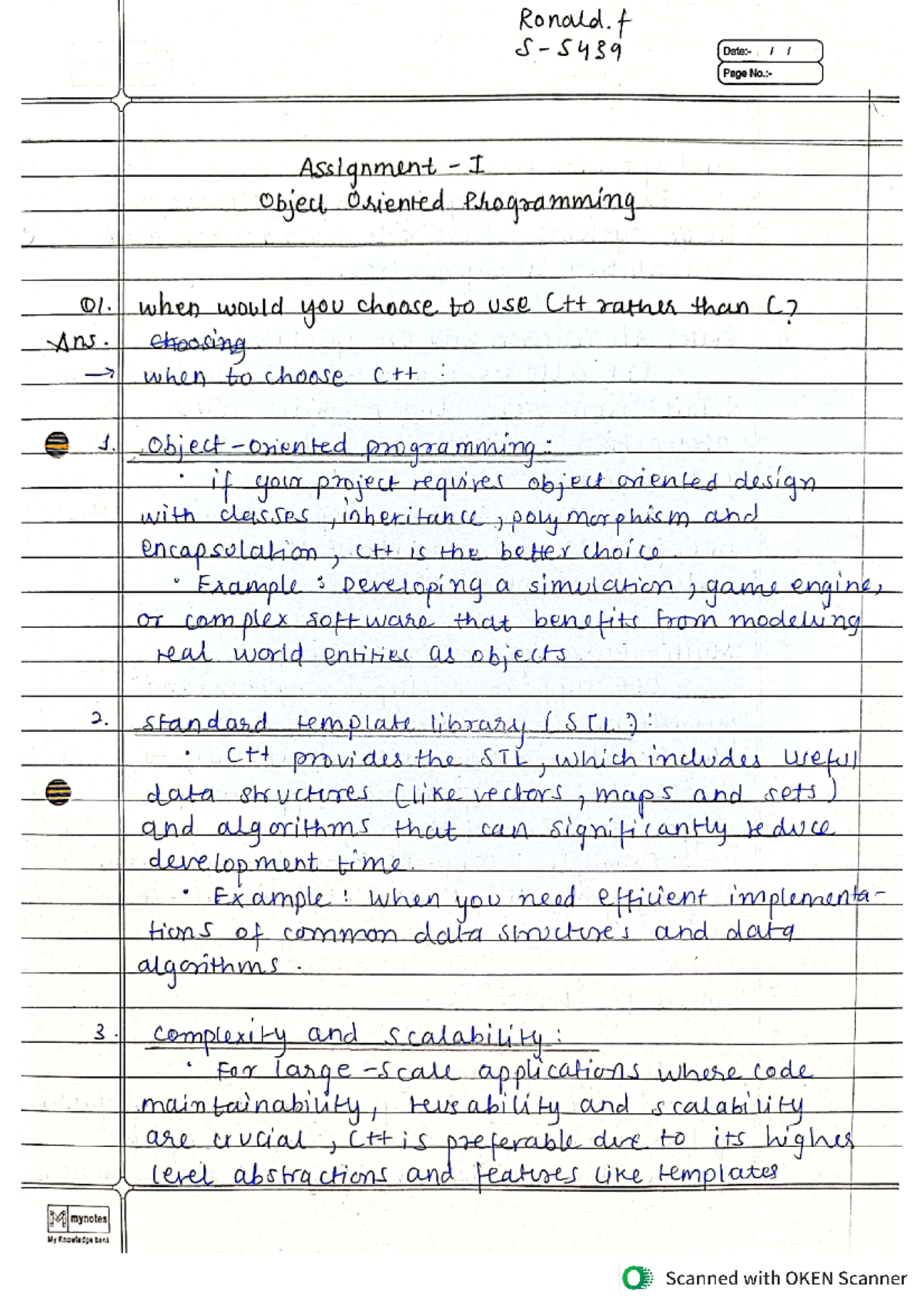 OOP assignment 1 & 2 - Ronald t S 5439 Page No.: Assignment I object Oriented Programming 01 ...