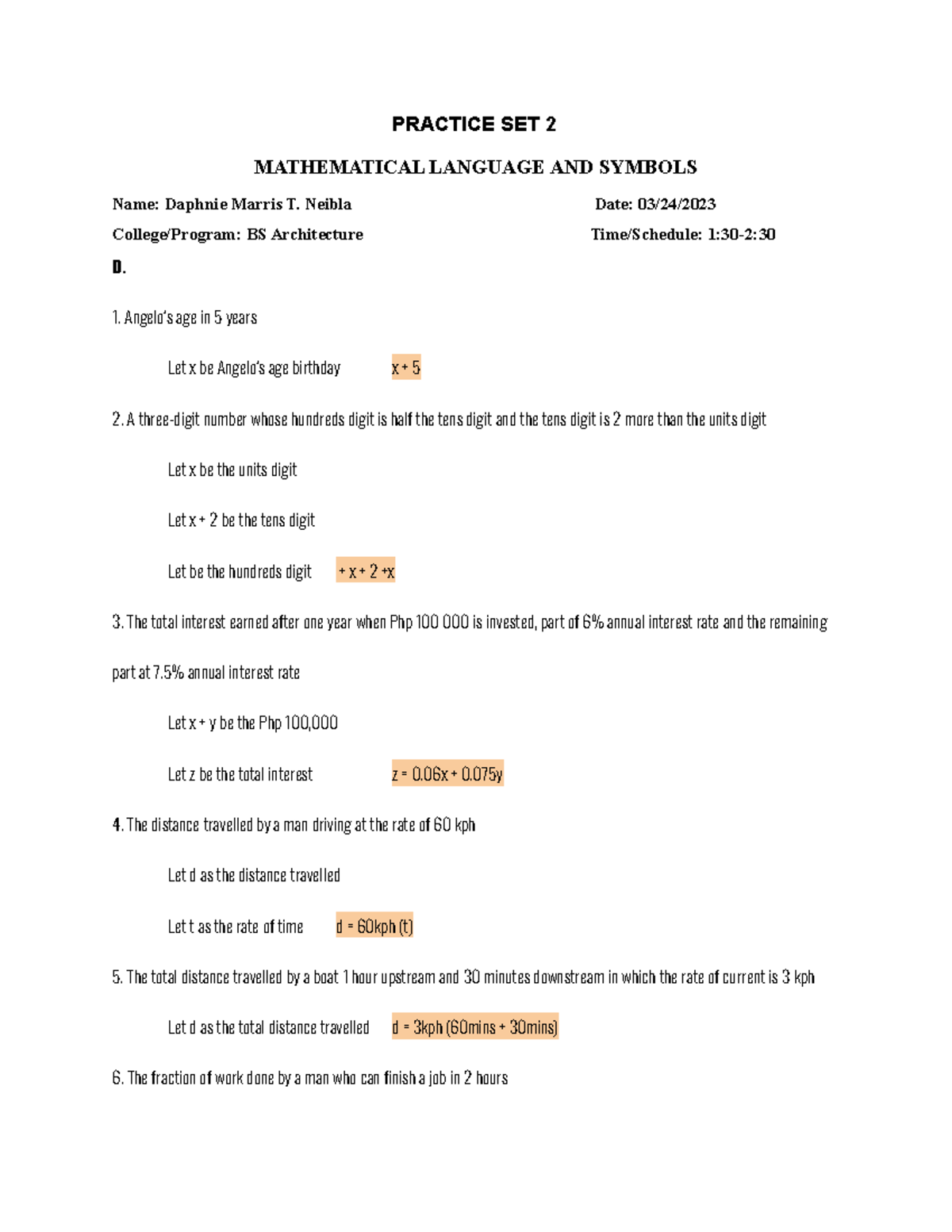 LETS Analyze Practice SET 2=d,e,f - PRACTICE SET 2 MATHEMATICAL LANGUAGE AND SYMBOLS Name ...