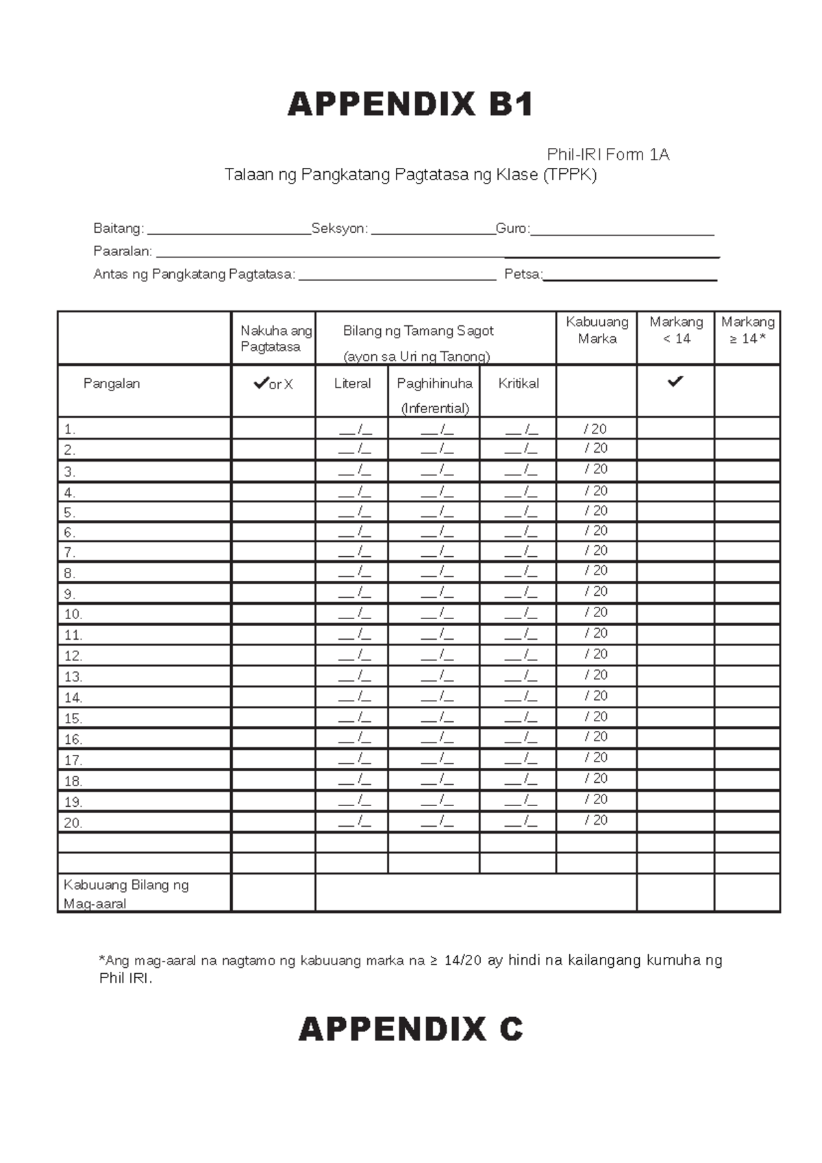 PHIL IRI Filipino FORM 1A2 - APPENDIX B Phil-IRI Form 1A Talaan ng Pangkatang Pagtatasa ng Klase ...