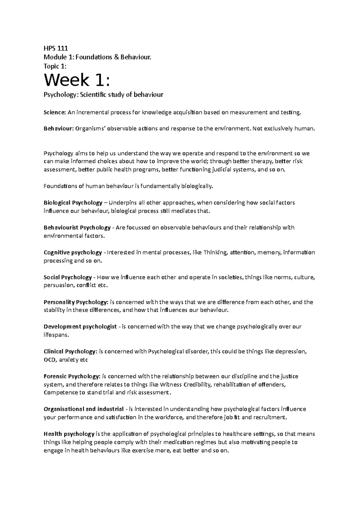 Module 1 Notes - HPS 111 Module 1: Foundations & Behaviour. Topic 1 ...