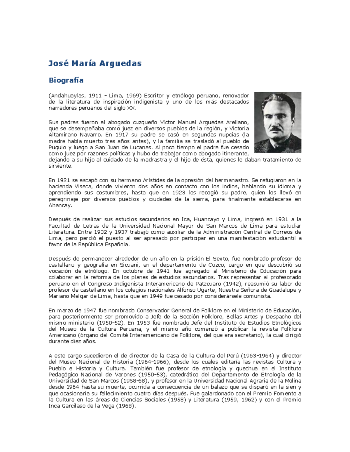 Bio José María Arguedas - José María Arguedas Biografía (Andahuaylas ...