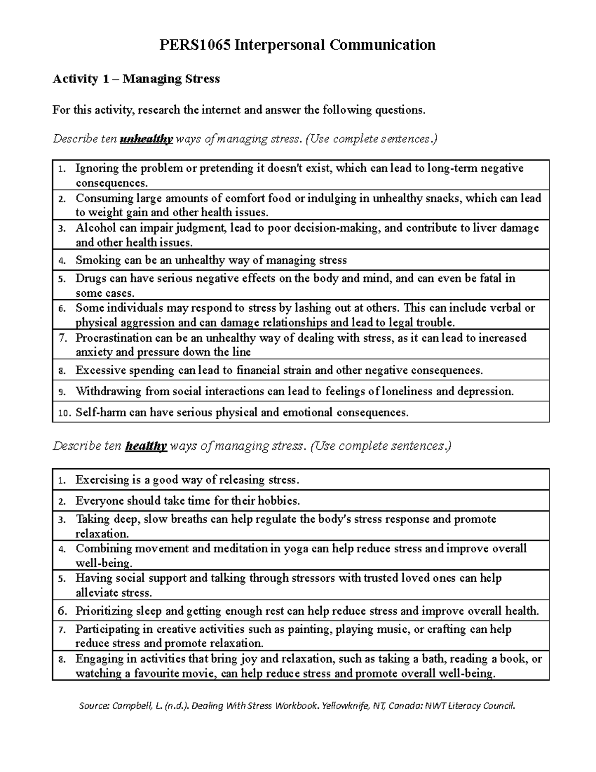 Stress Management - Activity 1 – Managing Stress For this activity ...