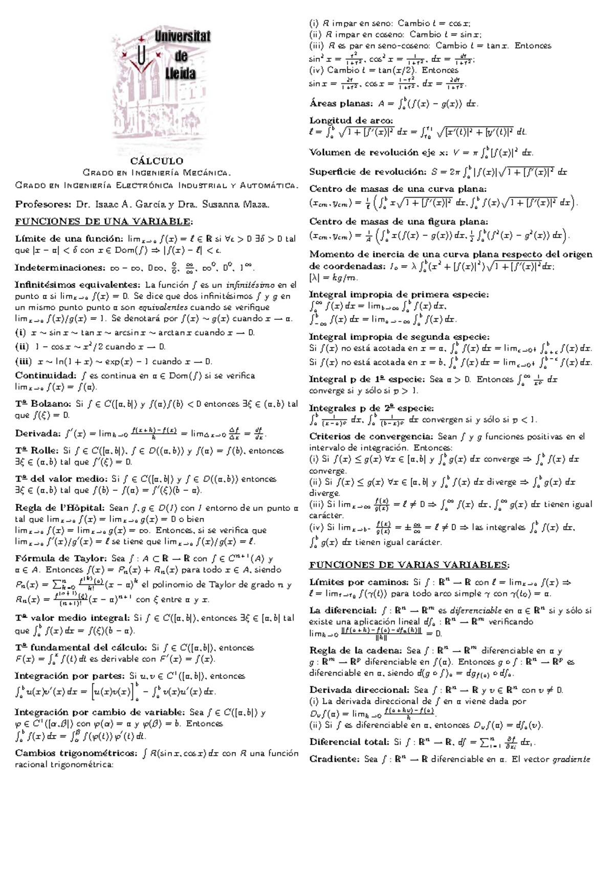 Formulas de calculo 1 año - CALCULO ́ Grado en Ingenier ́ıa Mecanica. ́ ...