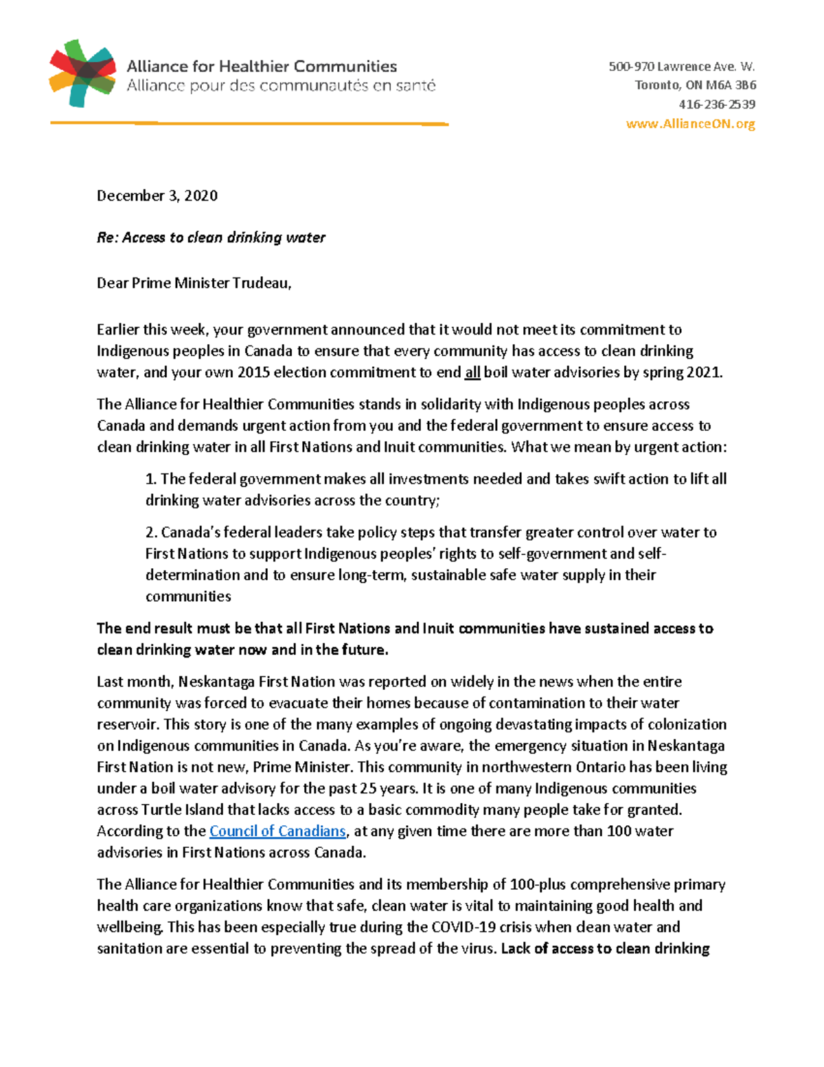 Access to clean drinking water - Letter to PM - 500 -970 Lawrence Ave ...