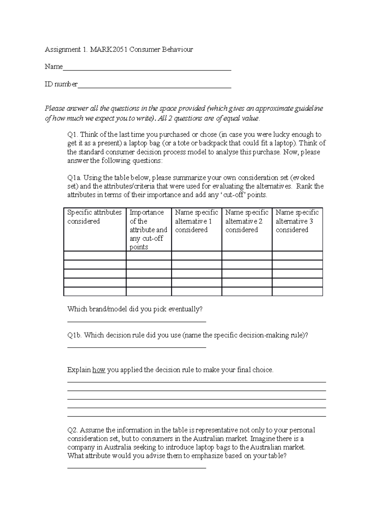 Assignment 1 questions - Assignment 1. MARK2051 Consumer Behaviour ...