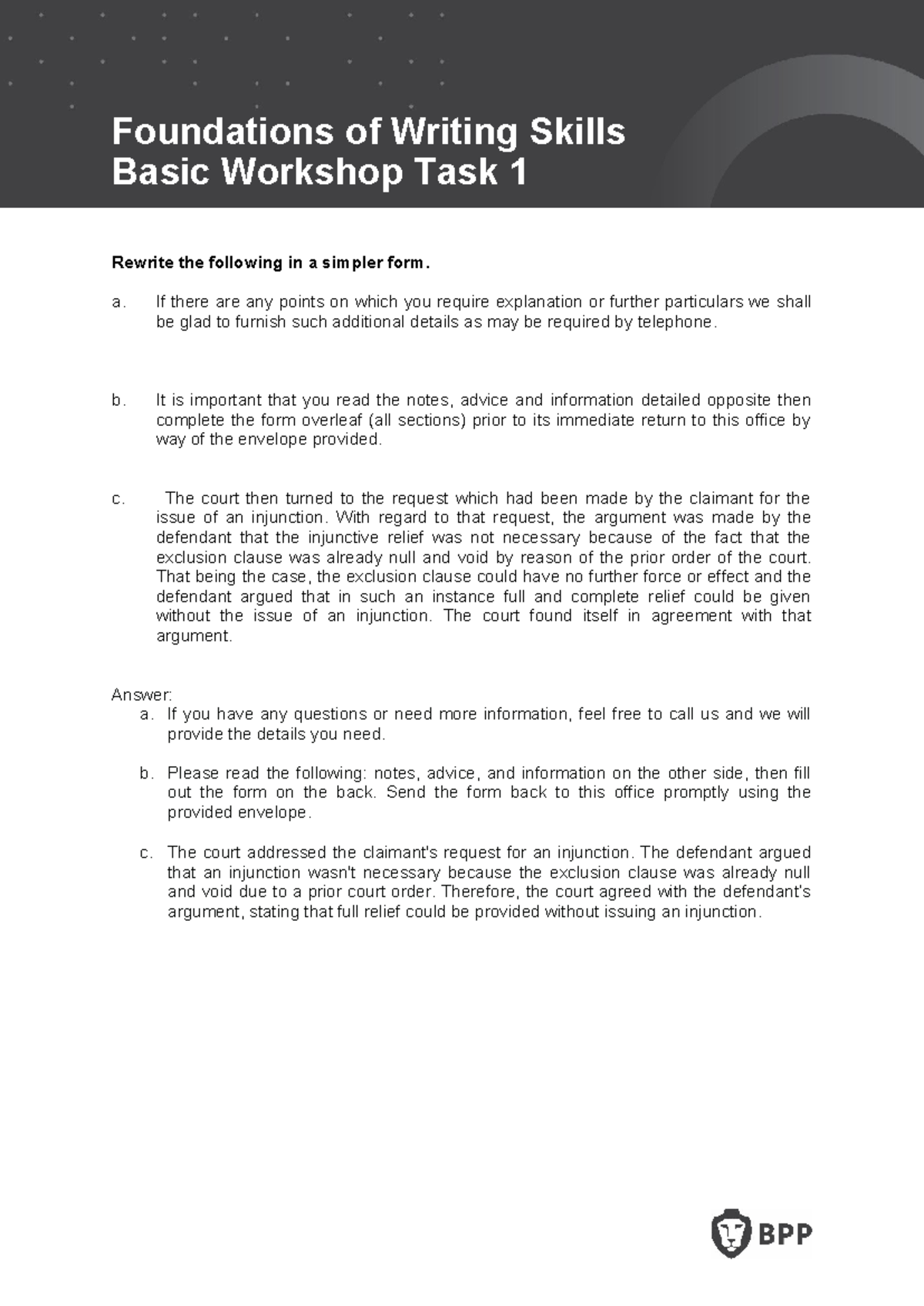 Task 1 Plain English - Foundations of Writing Skills Basic Workshop ...