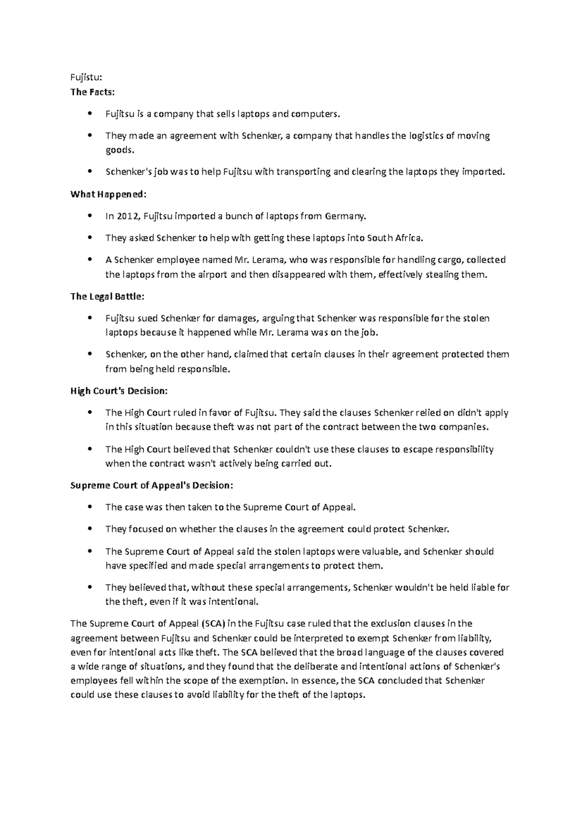 Fujistu Case In the Law of Delict - Fujistu: The Facts: Fujitsu is a ...