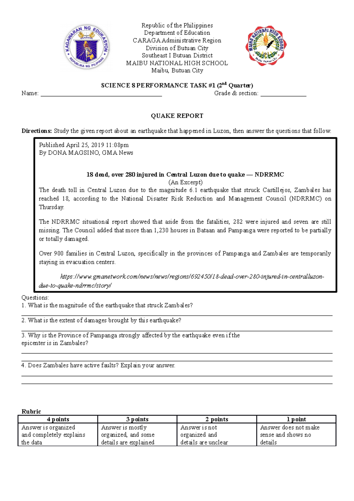 Science 8 Performance Task - Republic of the Philippines Department of ...