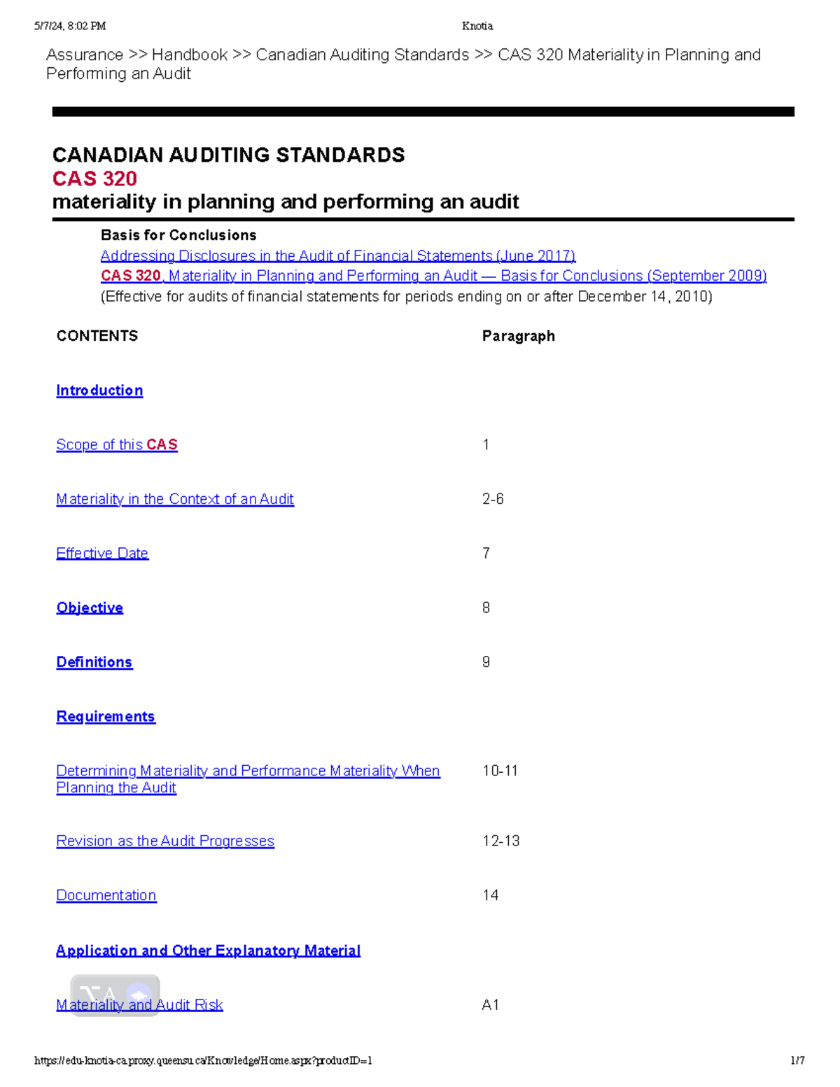 CAS 320 - Assurance >> Handbook >> Canadian Auditing Standards >> CAS 320 - Studocu