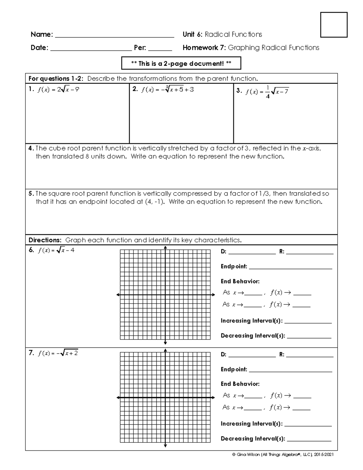Graphing Radical Functions HW - Name: ___________________________________ Unit 6 : Radical ...