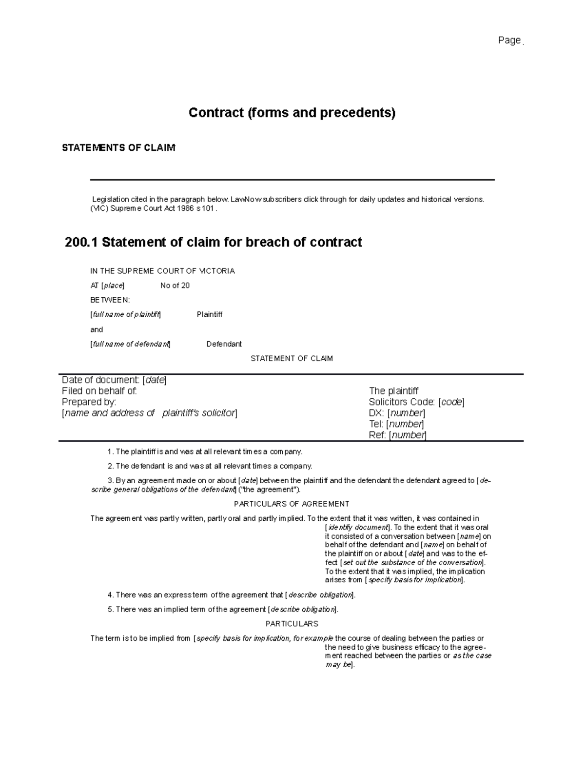 Statement of claim for breach of contract - Contract (forms and ...