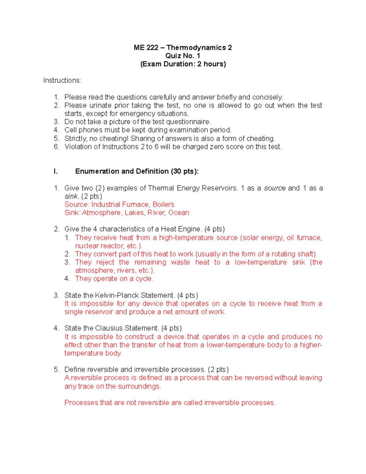 ME 222 - Quiz 1 - Answer Key - ME 222 – Thermodynamics 2 Quiz No. 1 ...