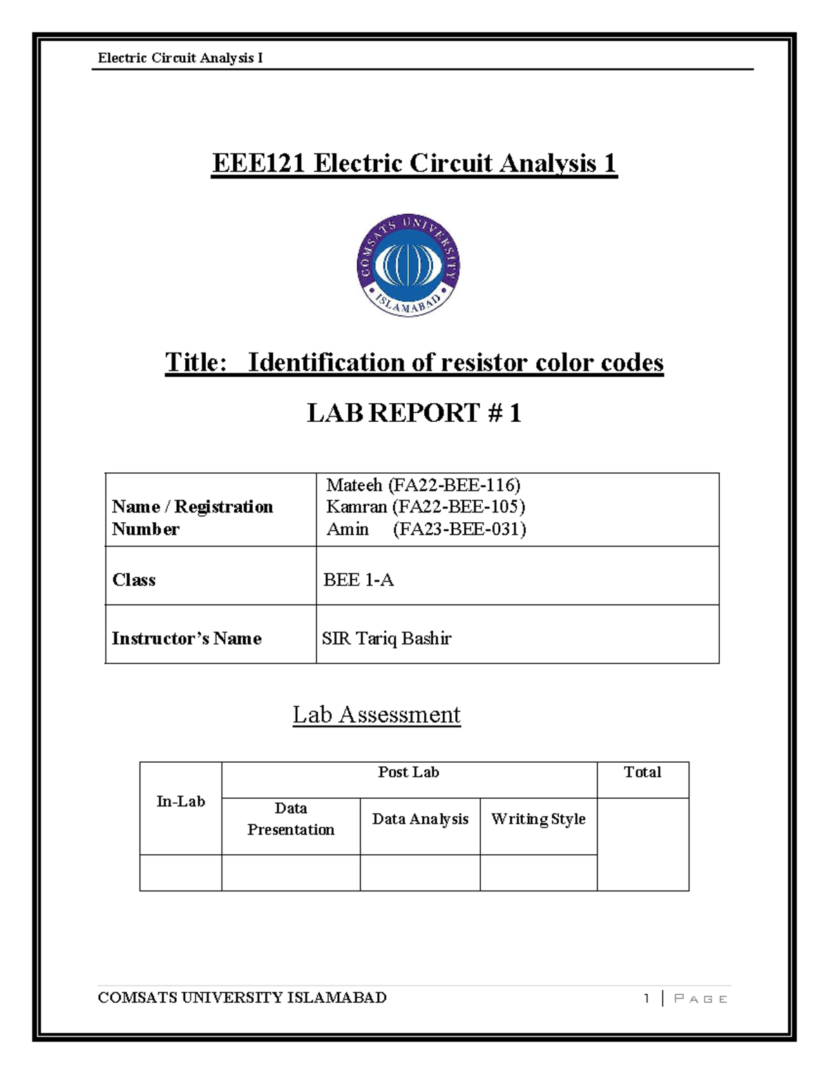 ECA lab report 1 - Electric Circuit Analysis I EEE121 Electric Circuit ...