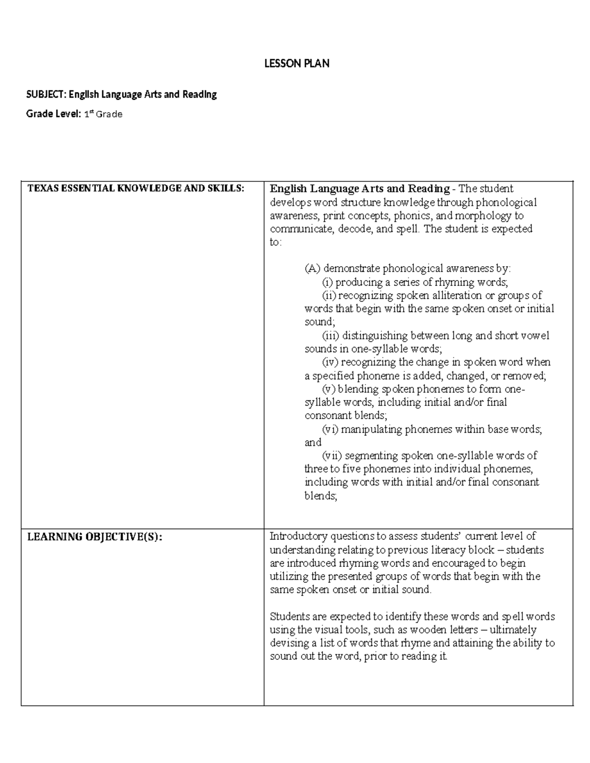 Lesson Plan - ELAR - LESSON PLAN SUBJECT: English Language Arts and ...