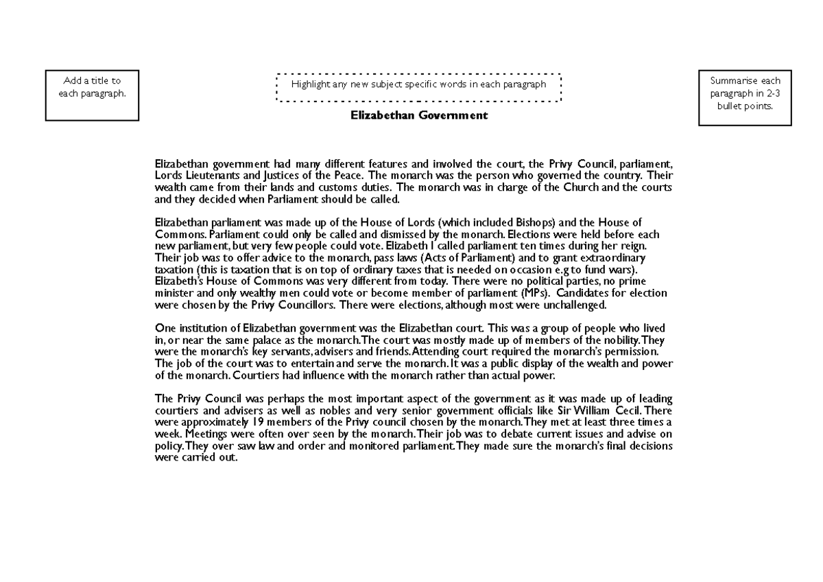 Copy of Elizabethan Government - Guided reading sheet - Lesson 3 ...