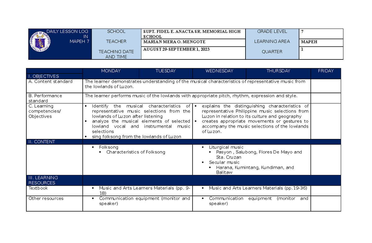 Lesson Plan in MAPEH 7 - DAILY LESSON LOG IN MAPEH 7 SCHOOL TEACHER ...