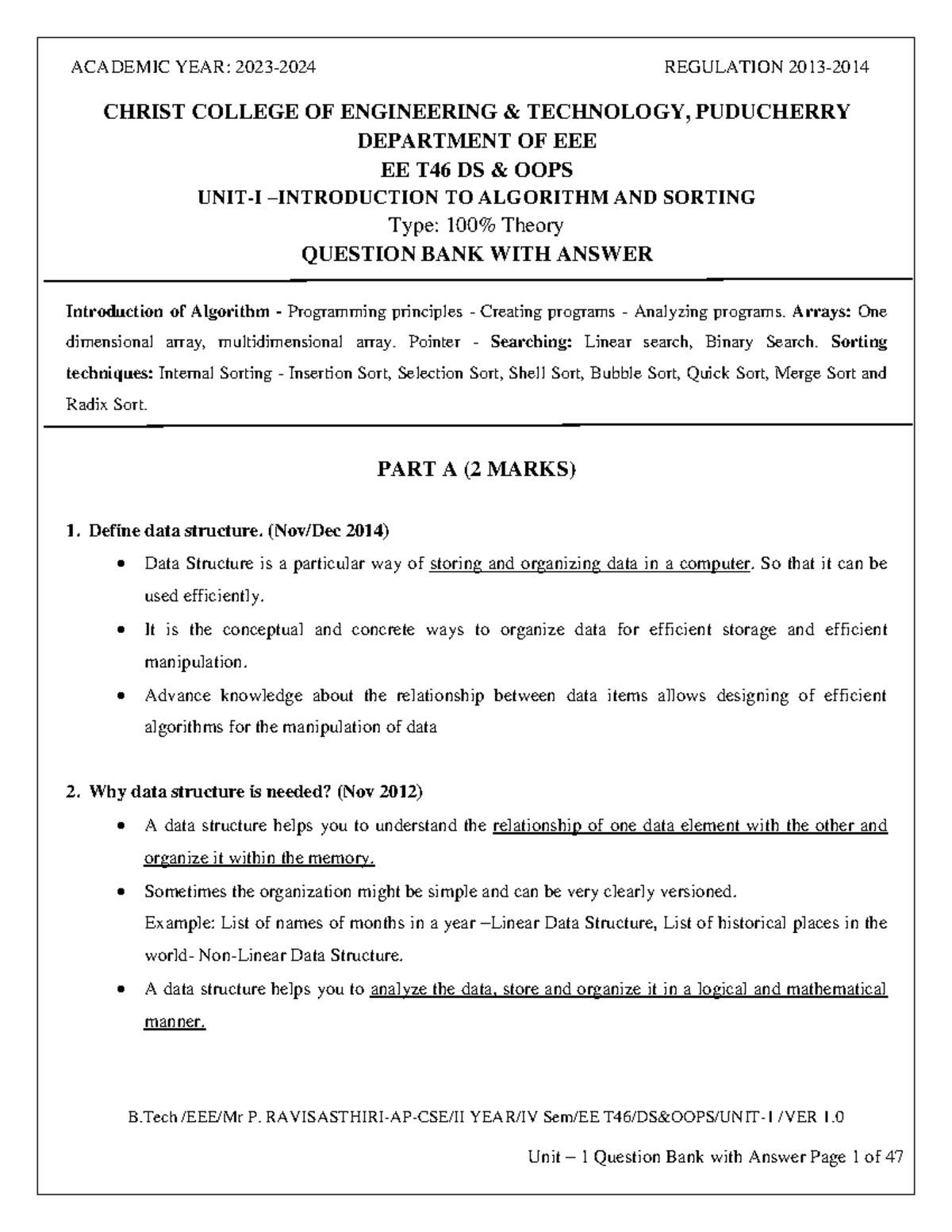 DS UNIT 1 QB with ANS - B /EEE/Mr P. RAVISASTHIRI-AP-CSE/II YEAR/IV Sem ...