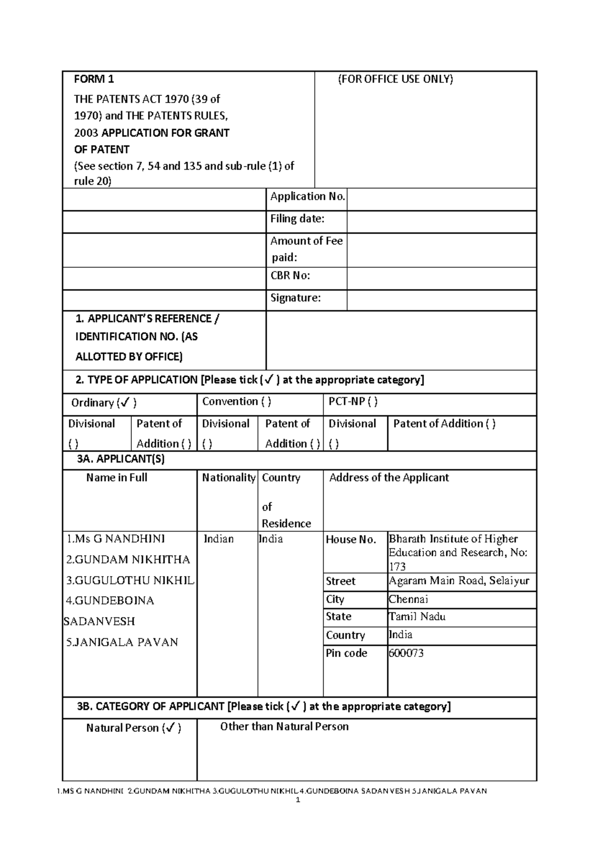 Patent form soft copy - 1 G NANDHINI 2 NIKHITHA 3 NIKHIL 4 SADANVESH 5 ...