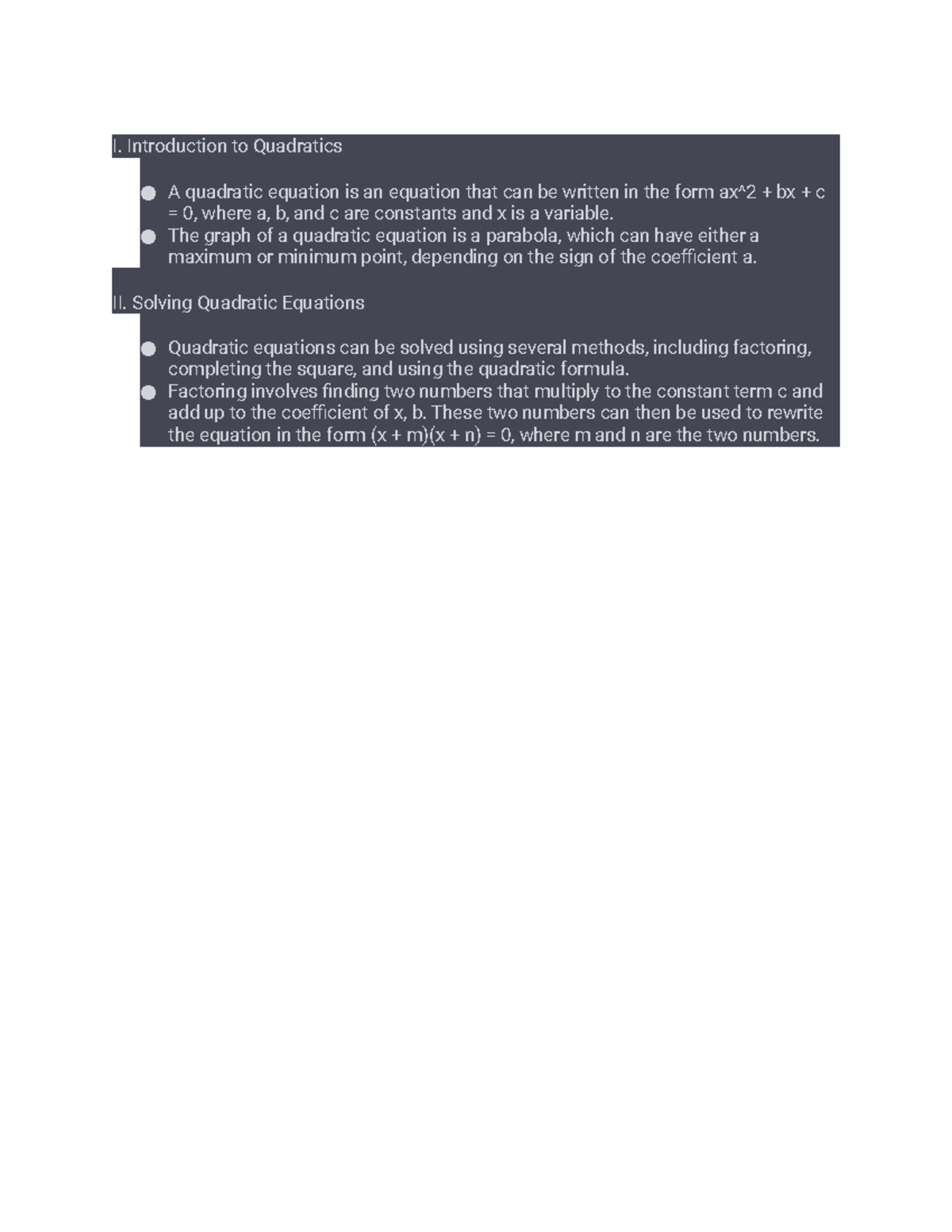 notes on quadratics - I. Introduction to Quadratics A quadratic ...
