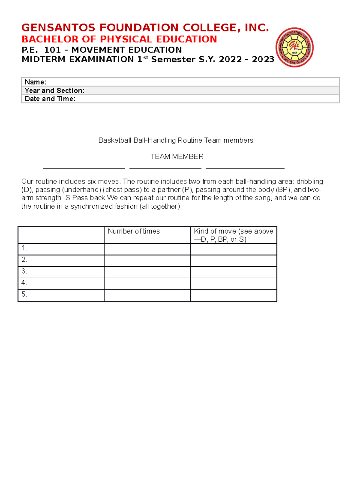 SEMI Final Examination - GENSANTOS FOUNDATION COLLEGE, INC. BACHELOR OF ...