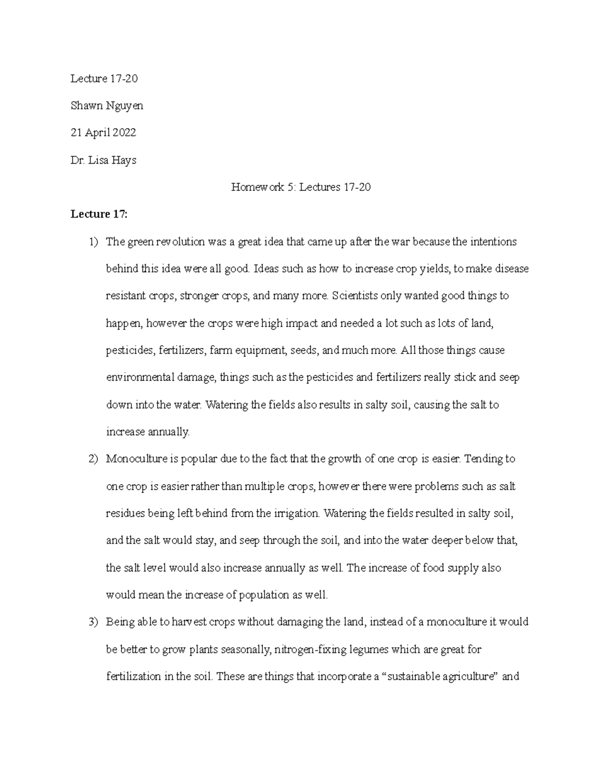 Homework 17-20 - hello - Lecture 17- Shawn Nguyen 21 April 2022 Dr ...