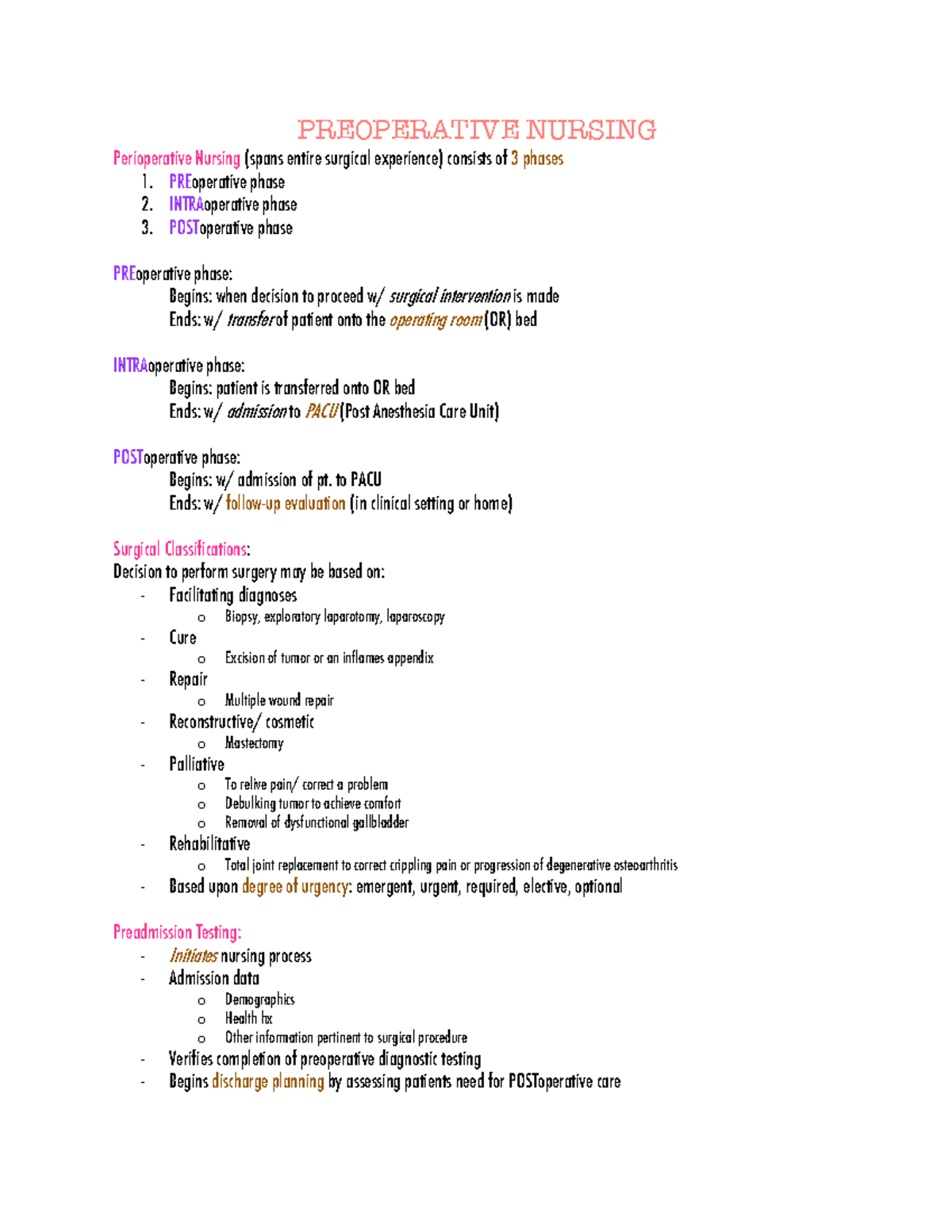 Preoperative Nursing - preop - PREOPERATIVE NURSING Perioperative ...
