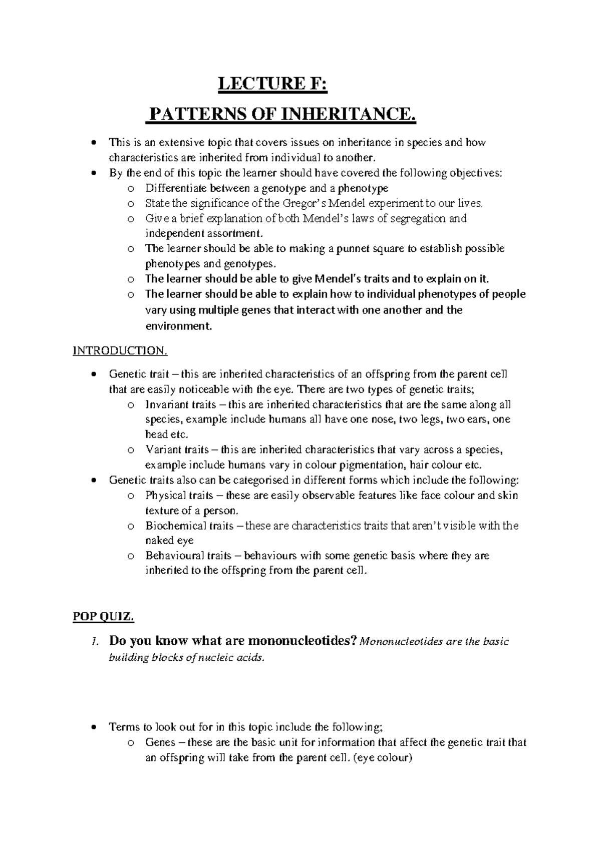 Patterns of inheritance - LECTURE F: PATTERNS OF INHERITANCE. This is ...