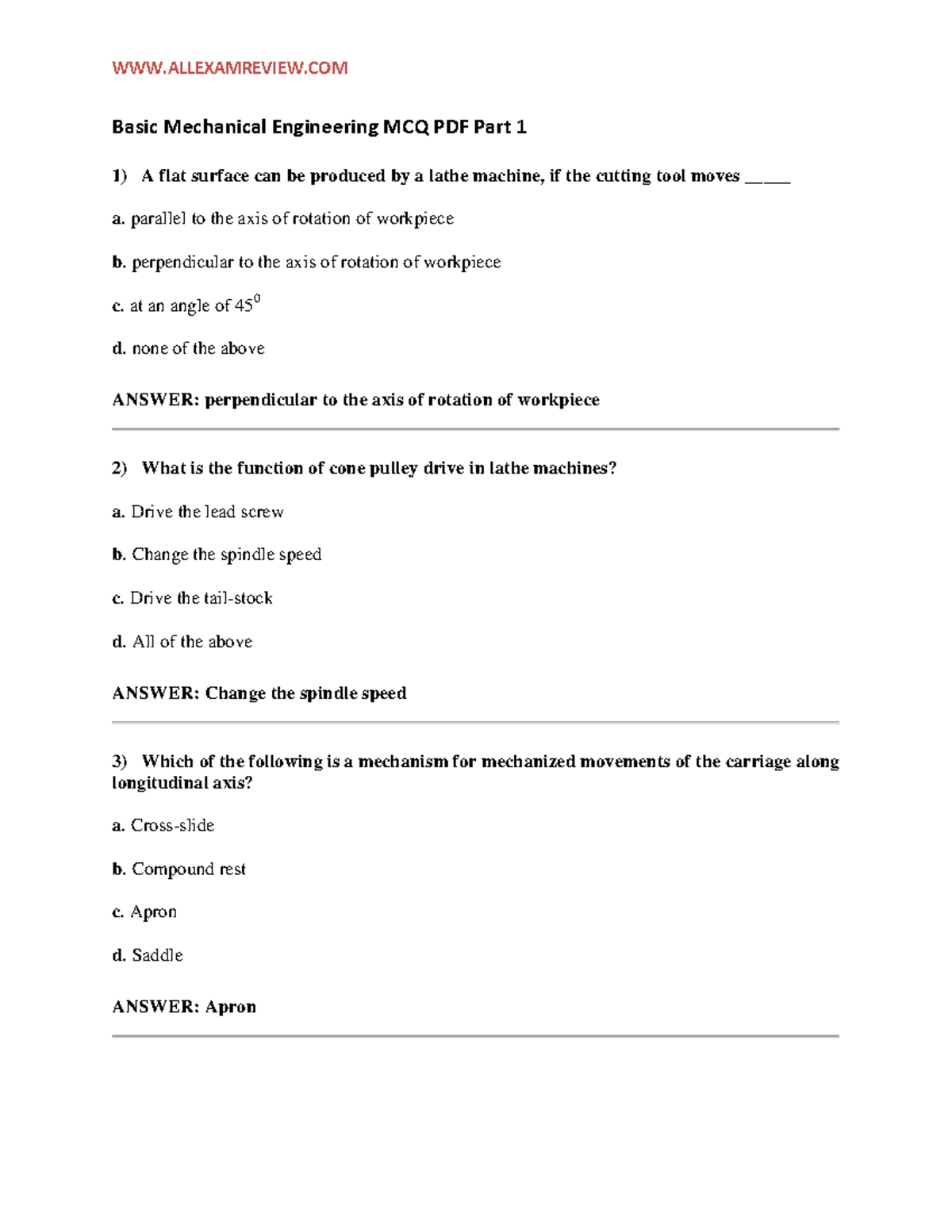 Basic Mechanical Engineering MCQ PDF Part 1 WWW - parallel to the axis ...