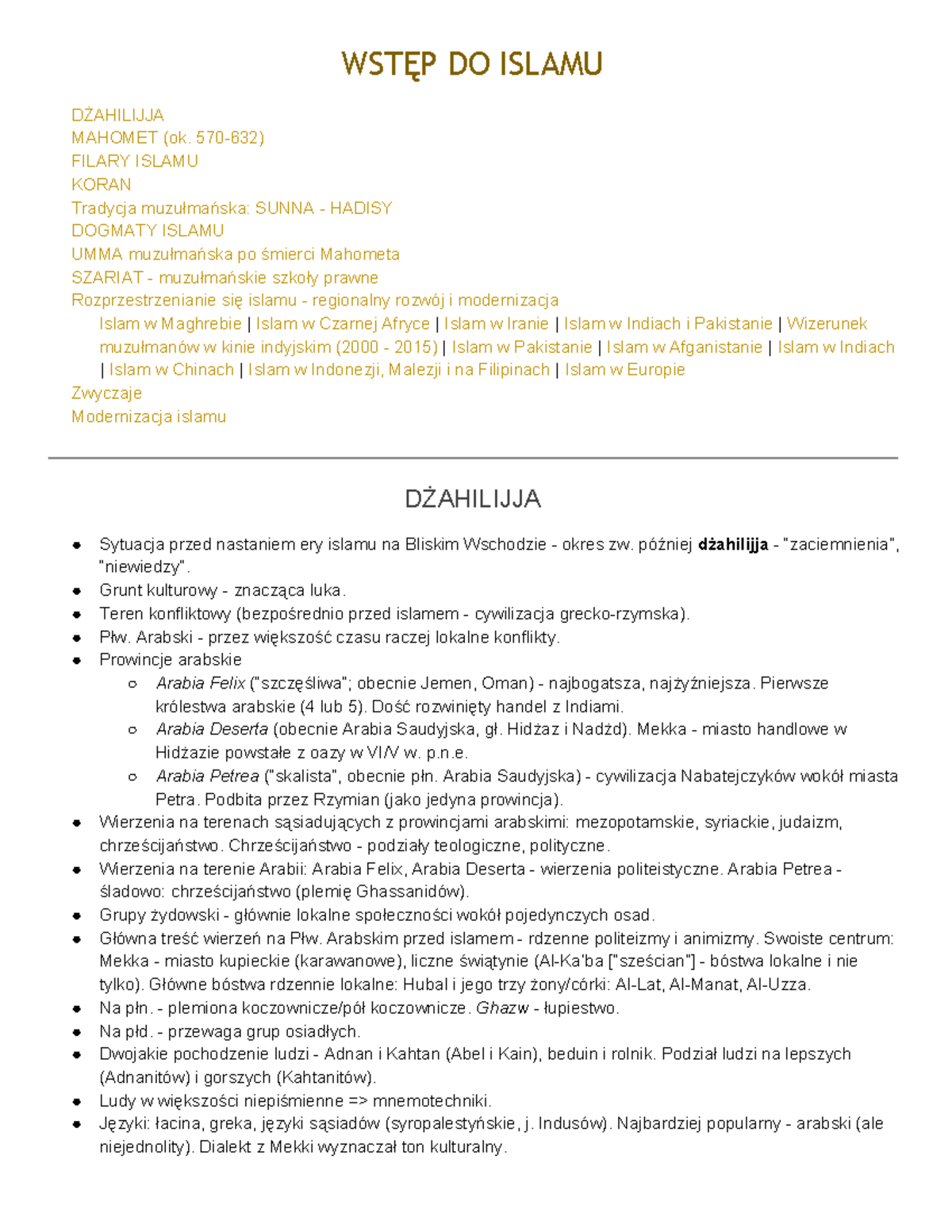 Wstęp do islamu - Lecture notes 1-11 - WSTĘP DO ISLAMU DŻAHILIJJA ...