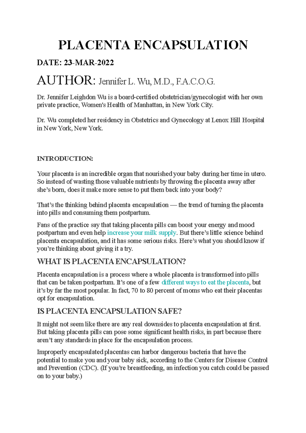 Placenta Encapsulation - PLACENTA ENCAPSULATION DATE: 23-MAR- AUTHOR ...