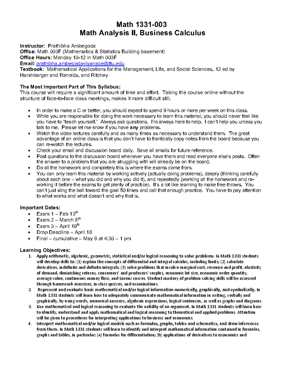 1331-003 Syllabus Spring 23 - Math 1331- Math Analysis II, Business ...