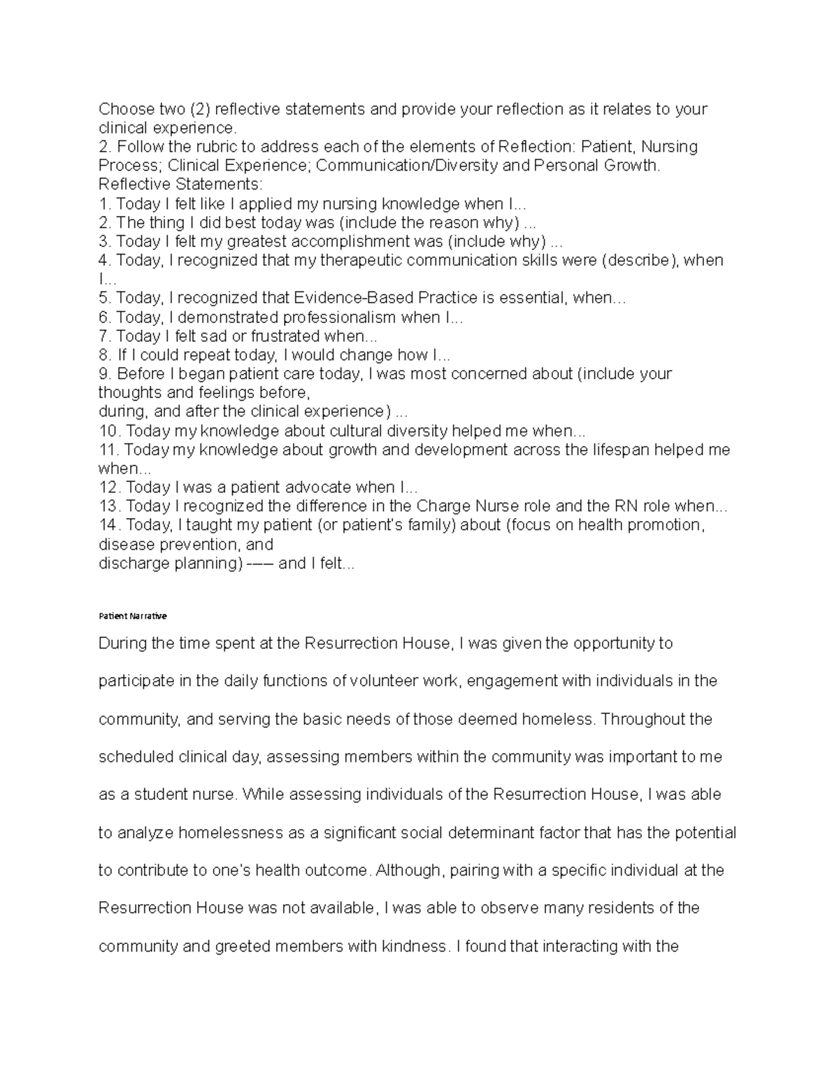 Clinical Reflection - N/a - Choose two (2) reflective statements and ...