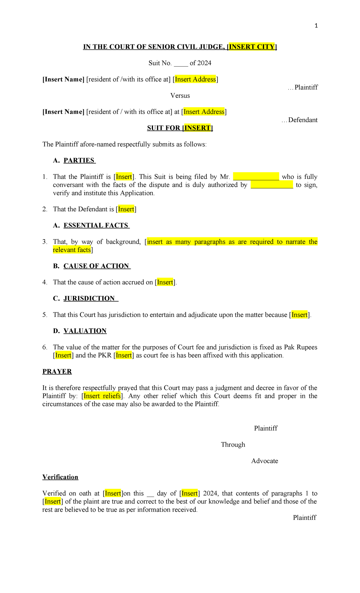 Sample Suit - task - 1 IN THE COURT OF SENIOR CIVIL JUDGE, [INSERT CITY ...