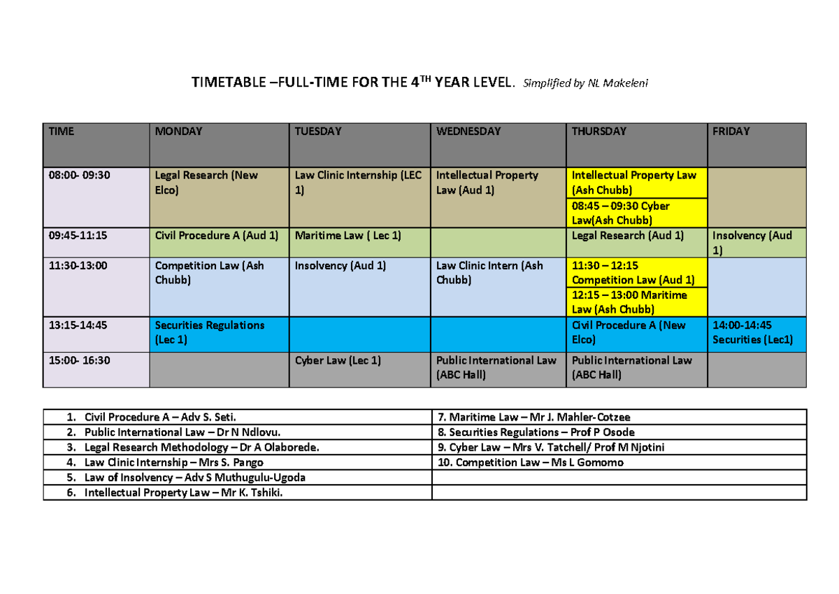 MY Timetable FOR THE 4TH YEAR Level - TIMETABLE – FULL-TIME FOR THE 4TH ...