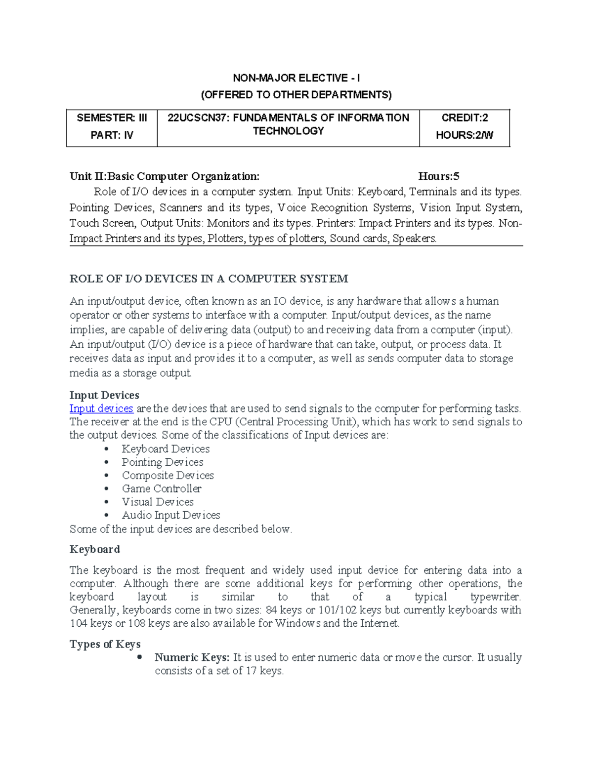 2 unit NME notes - NON-MAJOR ELECTIVE - I (OFFERED TO OTHER DEPARTMENTS ...