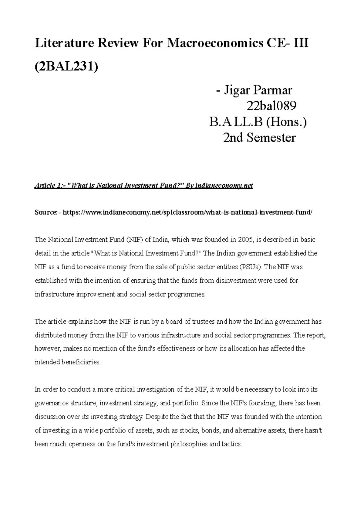 22BAL089 Literature Review Macro Eco - Literature Review For ...