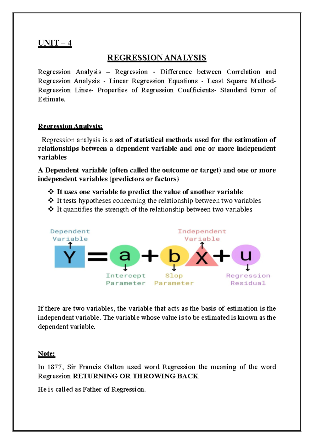 UNIT 4 Regression Analysis - UNIT – 4 REGRESSION ANALYSIS Regression Analysis – Regression ...