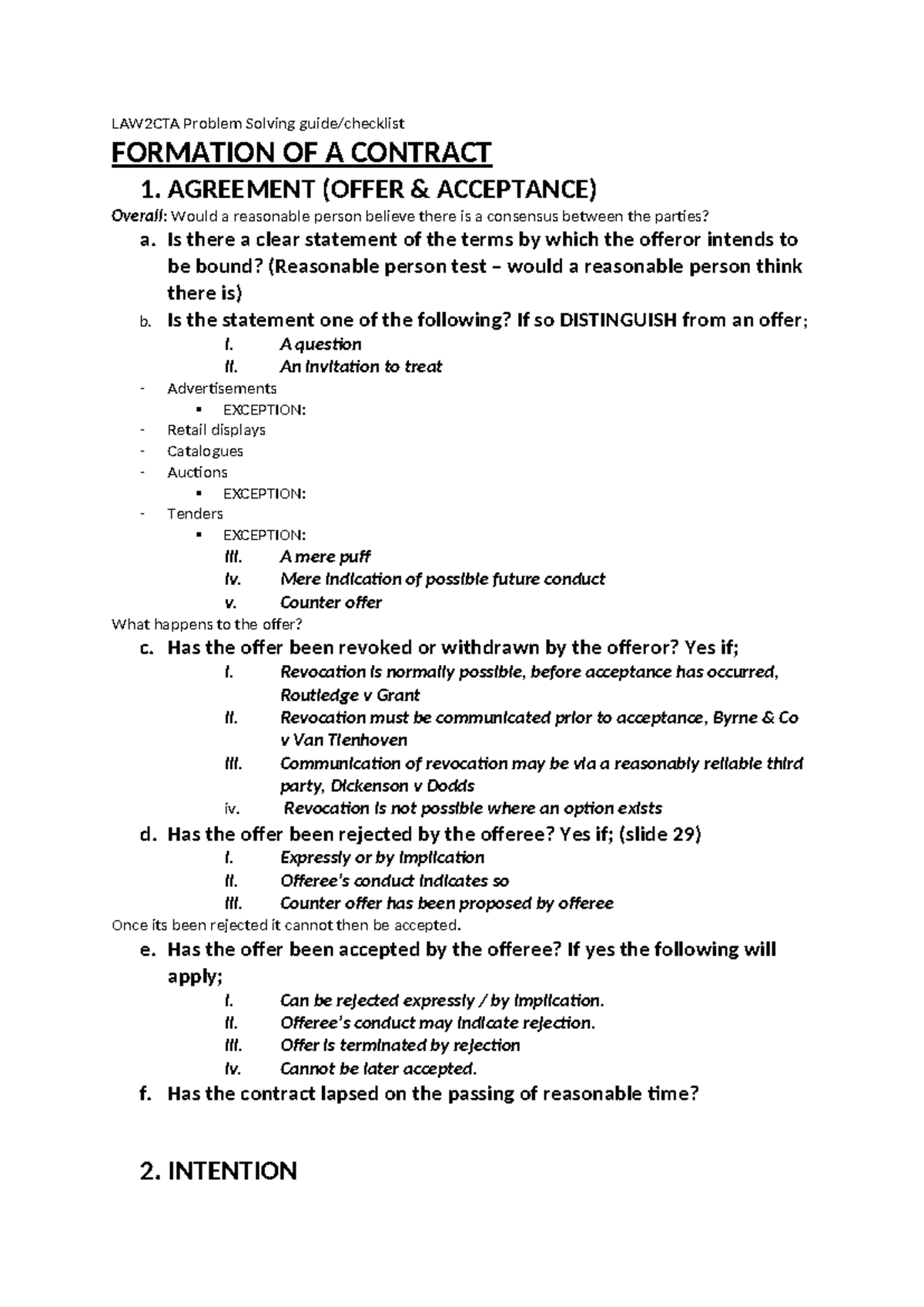 LAW2CTA Problem Solving guide - LAW2CTA Problem Solving guide/checklist FORMATION OF A CONTRACT ...